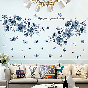 Removable Blue Peach Flowers Wall Decals 3D Cherry Blossom Floral Tree Branches Butterfly Wall Stickers DIY Flowers Butterfly Plants Wall Decor for Kids Bedroom Living Room Nursery Playroom DT-4956