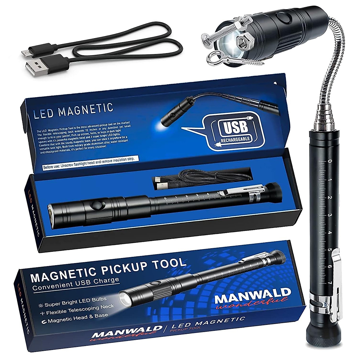 MANWALD Telescoping Magnetic Pickup Tools, LED Magnet Flashlights, Extendable Magnet Stick Cool Gadgets Gifts for Men, Birthday Gifts for Men, Dad, Husband, Craftsman and Mechanic, Gray