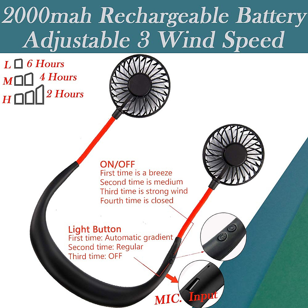 USB Neck Hanging Fan Personal Hands-Free Fan Neckband Fan - Rechargeable 2000mAh/Colorful LED/3 Speeds/360 Degree Headphone Design for Home, Sport, Camping, Beach, Travel, Office - Black