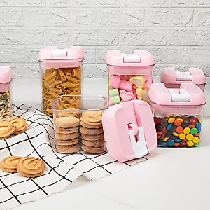 U-QE Airtight Food Storage Container Set-10 Piece BPA Free Clear Plastic Cereal Canisters with Easy Lock Lids-Kitchen & Pantry Organization Containers for Sugar, Flour, Cereal, Labels & Marker(Pink)
