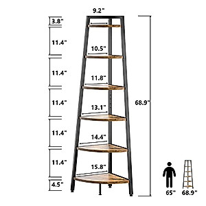 Lulive 6 Tier Corner Shelf, 68.9" Industrial Tall Corner Ladder Shelf Stand, Corner Bookshelf Bookcase for Living Room, Home Office, Balcony, Small Space