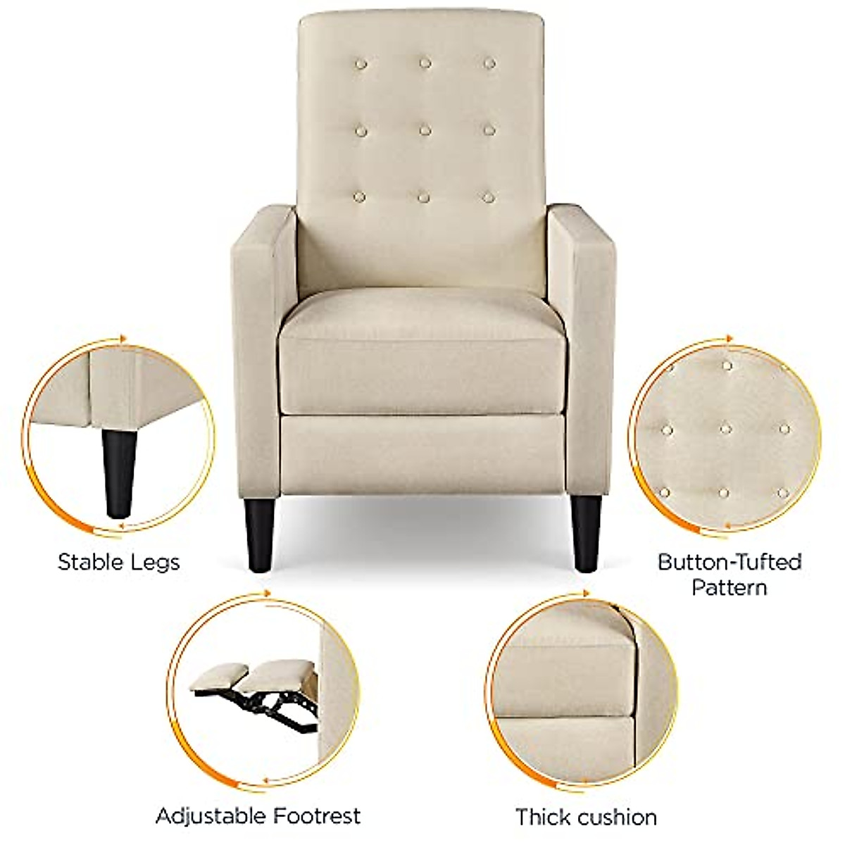 Yaheetech Fabric Recliner Chair Mid-Century Modern Recliner Adjustable Single Recliner Sofa with Thicker Seat Cushion Tufted Upholstered Sofa with Pocket Spring for Living Room Bedroo Beige