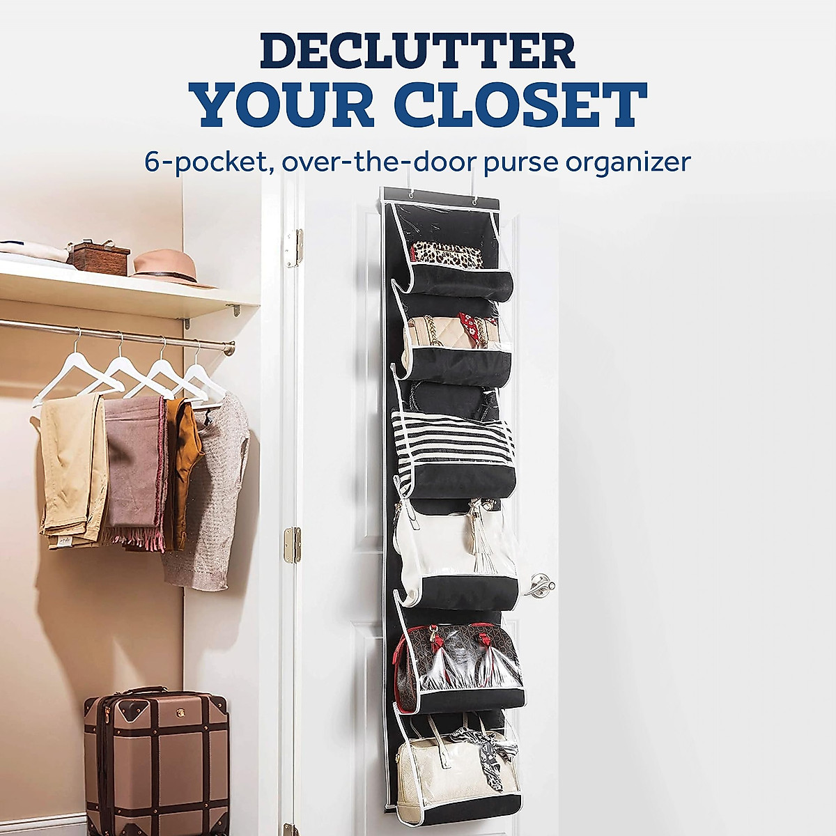 ZOBER Purse Organizer For Closet - Over The Door Purse Organizer W/ 6 Pockets for Easy Purse Storage - Durable Metal Hooks - Purse Rack W/Clear Pockets - Black (2 Pack)