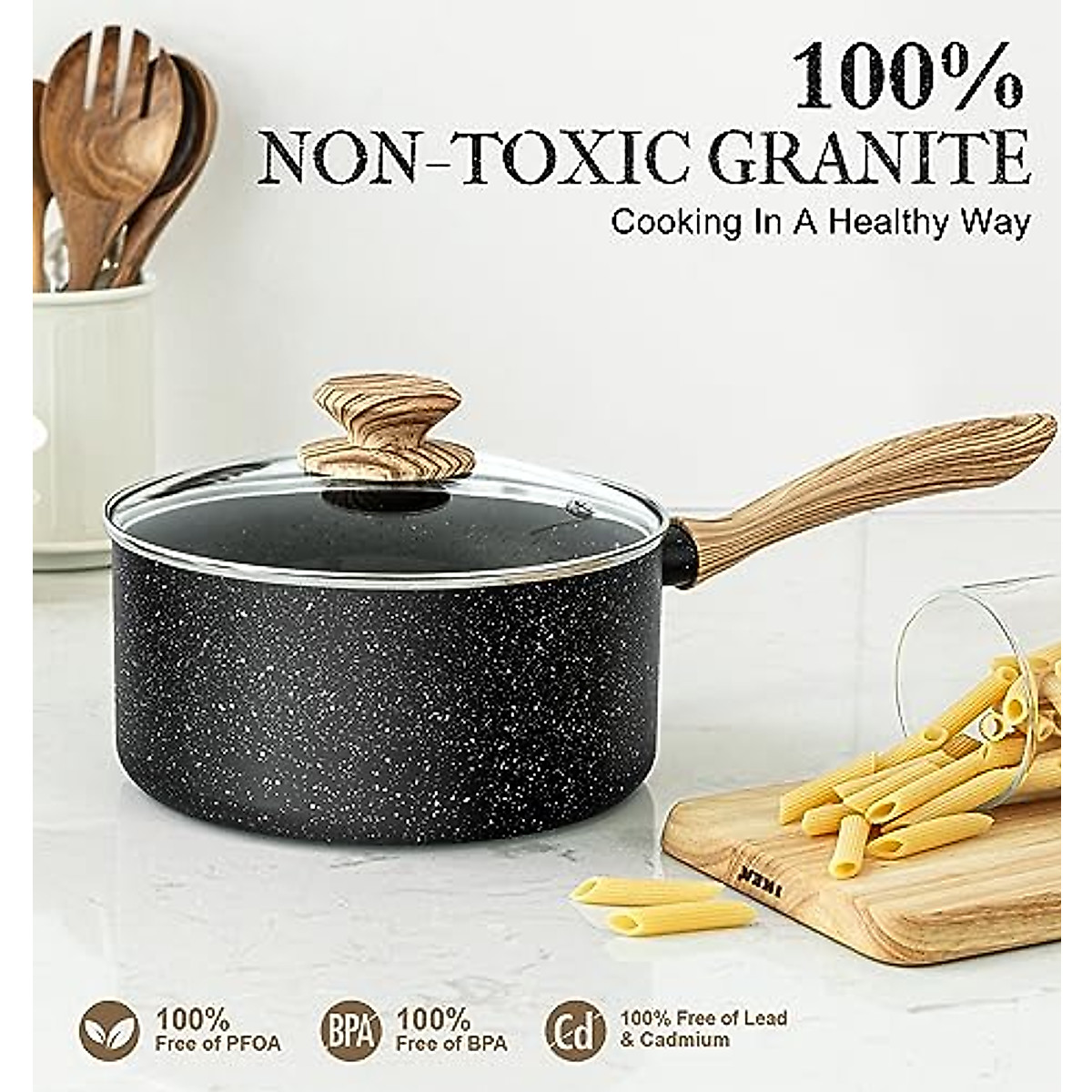 MICHELANGELO Saucepan with Lid, Nonstick 3 Quart Sauce Pan with Granite Coatings, Small Pot with Lid, Stone Sauce Pan 3 Quart, Sauce Pot