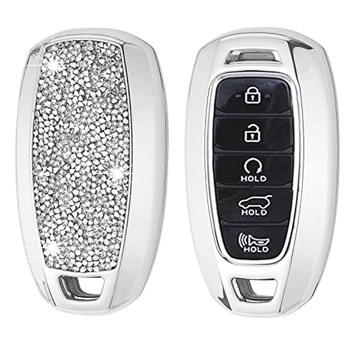 Royalfox(TM) 3 4 5 Buttons 3D Bling Diamond Crystals Smart Remote Key Fob case Cover for Hyundai i30 Azera ix35 Elantra Accent Santa Fe IG Grandeur,2017-2022 Hyundai Palisade (Silver)