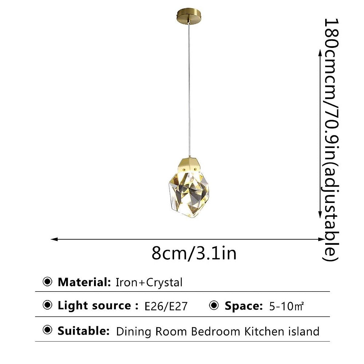 MOKLMD Gold Color Crystal Personality Shape Pendant Lamp.Chandelier Crystal Shade with Metal Head and Light Transmission.70.9in Adjustable Rope Hanging Lamp.for Bedroom, Dining Room Droplight
