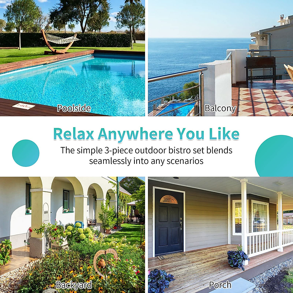 HAPPYGRILL 3 Pieces Patio Folding Bistro Set, Outdoor Foldable Chair & Table Set with Breathable Fabric, Tempered Glass Tabletop, Small Conversation Furniture Set for Porch Balcony Poolside Yard