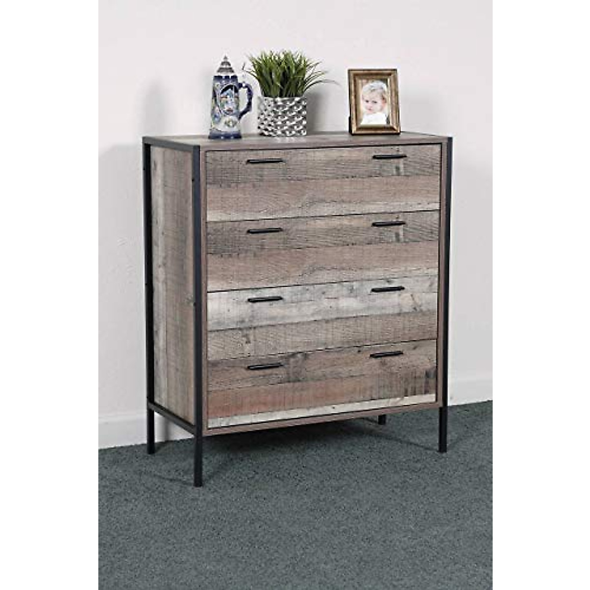 OS Home and Office Furniture Model Metal Frame and Legs four drawer chest, Rustic Reclaimed Barnwood Laminate