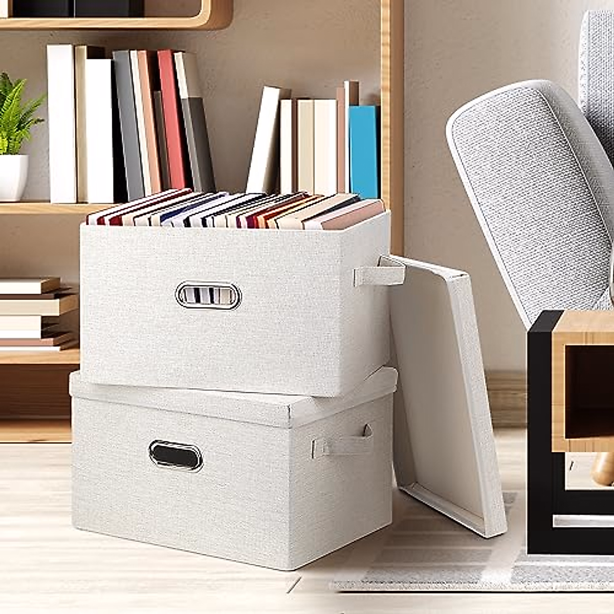 Bellzacasa Collapsible Storage Bins with Lids, 2 Pack Linen Fabric Foldable Storage Bin Cube with Handles, Toy Storage Baskets Box Closet Organizers and Storage Containers, Beige, 14.6x10.5x8.5