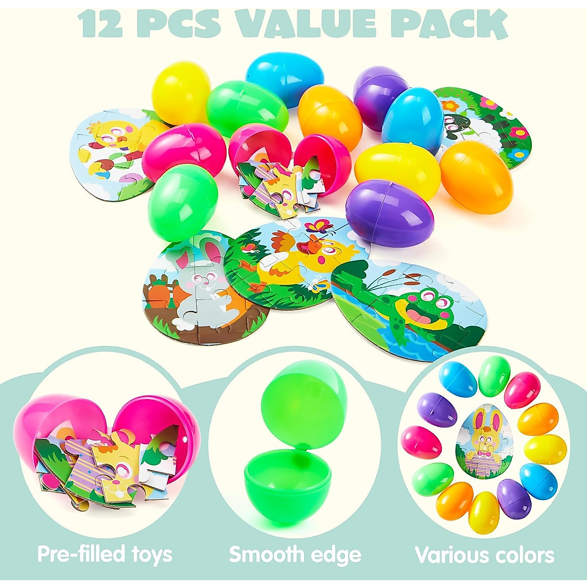 JOYIN 12 Pcs Easter Eggs Jigsaw Puzzle for Egg Hunt Game, School Activities Rewards, Kids Party Favors, Easter Basket Stuffers Fillers, Classroom Prize Supplies