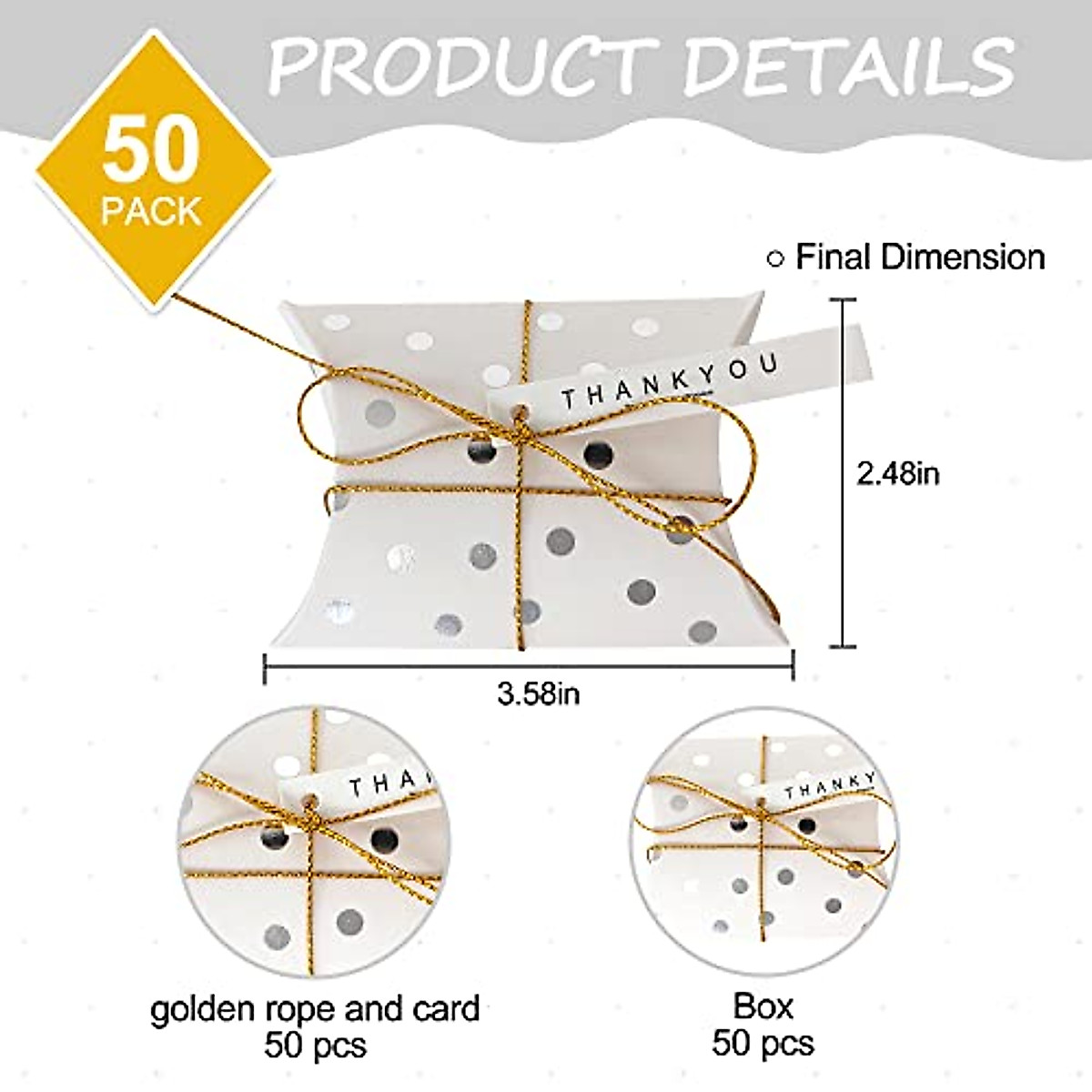 BEISHIDA 50pcs Pillow Gift Boxes Party Favor Boxes Small Mini Gift Boxes for Party Favor, Candy, Thanksgiving Favor, Christmas Pillow Box, Wedding, Halloween Party (Silver Dot， 3.6" x 2.5")