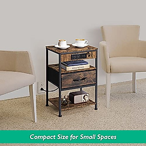 NOVIMANGO Nightstand with Charging Station Bedside Tables with Drawer Bedroom End Table Small Side Tables with USB & AC Ports Industrial End Table with Storage for Living Room Dorm Farmhouse Brown
