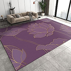 Purple Gold Lotus Area Rug, Fashion Simple Light Luxury Indoor Non-Slip Kids Rugs, Machine Washable Breathable Durable Carpet for Front Entrance Floor Decor,5 x 7ft