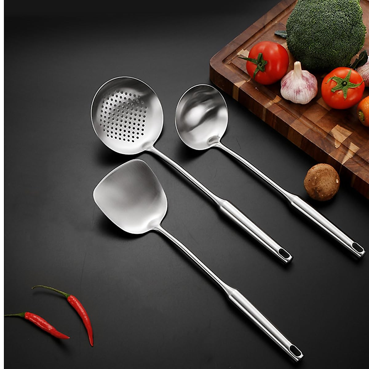 Stainless Steel Wok Spatula, Wok Utensils for Carbon Steel, Wok Tools Professional Set, 3-Pieces 304 Stainless Steel Cooking Utensils All Metal