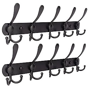 Qihtldsy Coat Rack Wall Mount, Stainless Steel Coat Hooks, 5 Tri Hooks, Heavy Duty Hook Rail for Coat Hat Towel Bag Purse Robes Bedroom Kitchen Bathroom Entryway (Black, 2 Packs)
