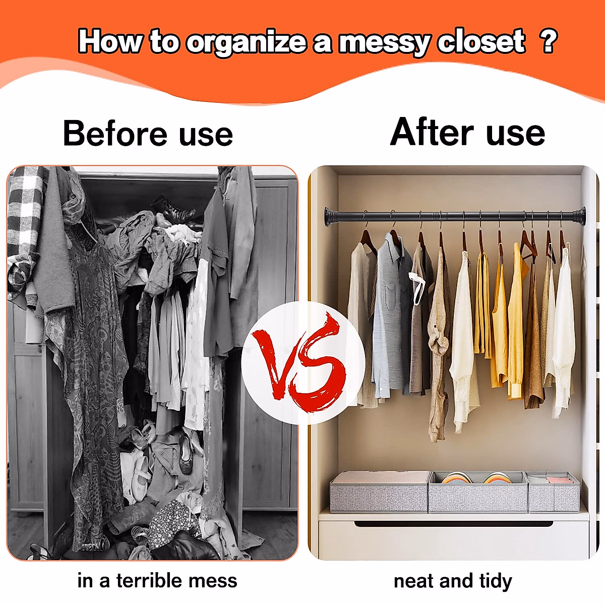 DwelSpire Closet Rod - 30-64 Inches, No Drilling Closet Rod Extender Hanging - Matte Black Adjustable Clothes Hanging Bar, for Closet, Bathroom, Windows with No Drilling Holder