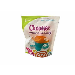 ChooMee SoftSip Food Pouch Top | Baby Led Weaning | No Spill Flow Control Valve, Protects Childs Mouth, 100% Silicone, BPA Free | 2CT Orange Aqua