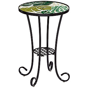 Teal Island Designs Tropical Leaves Black Metal Round Outdoor Accent Side Table 14" Wide Green Mosaic Tabletop Gracefully Curved Legs for Spaces Front Porch Patio Home House Balcony Deck Shed Yard