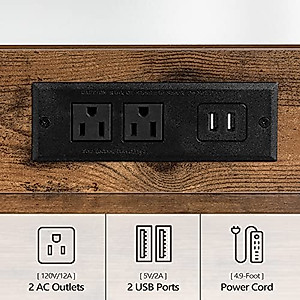 ALLOSWELL 3-Tier Mobile Printer Stand, Rolling Cart with Power Outlets and USB Ports, Industrial Printer Cart, Home Utility Storage Rack with 2 Hooks, for Office, Living Room, Rustic Brown PTHR40E01