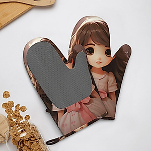 Cute Little Girl Printed Oven Mitts Heat Resistant Oven Gloves Non-Slip Silicone Kitchen Gloves for Cooking Baking BBQ Gloves 1 Pair