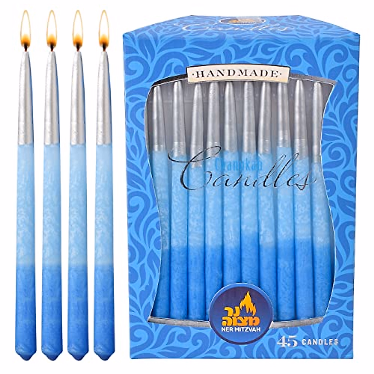Dripless Chanukah Candles Standard Size - Decorated Ombre Blue & Silver Hanukkah Candles Fits Most Menorahs - Premium Quality Wax - 45 Count for All 8 Nights of Hanukkah - by Ner Mitzvah