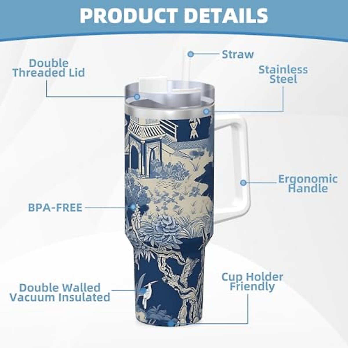 Xiexide 40oz Fits Cup Holder Gifts Ancient Blue And White Chinese Style Chinoiserie Folk Double Walled Vacuum Insulatedith Handle And Straw,Hot & Cold Drinks