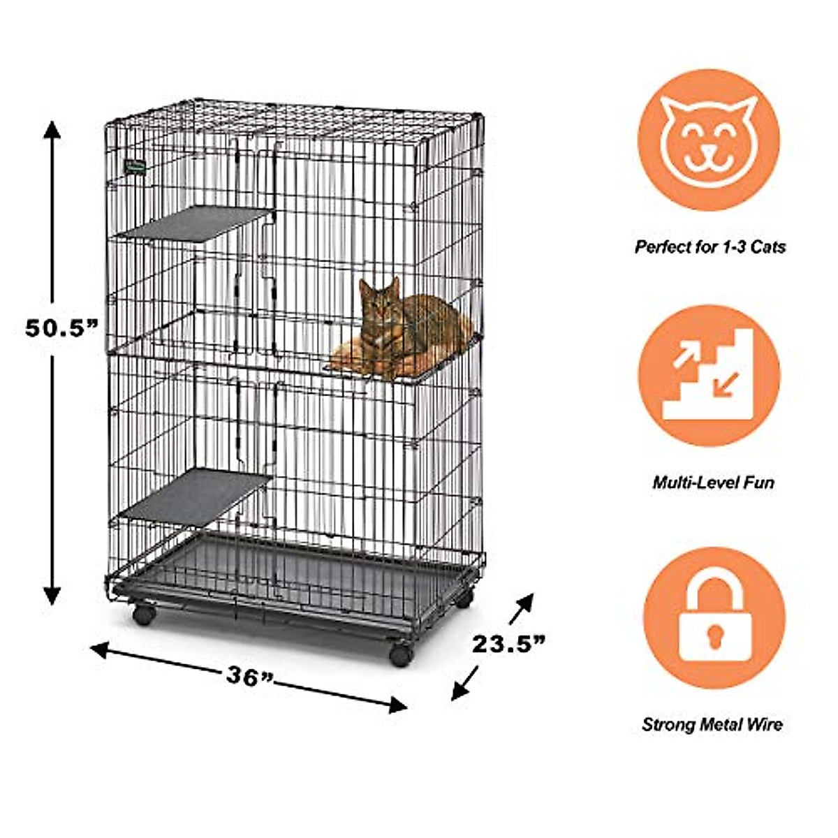 MidWest Homes for Pets Cat Playpen / Cat Cage Includes 3 Adjustable Resting Platforms, Removable Leak-Proof Pan, Easy 2-Door Top / Bottom Access & 4-locking Wheel Casters, 36"L x 23.5"W x 50.5"H