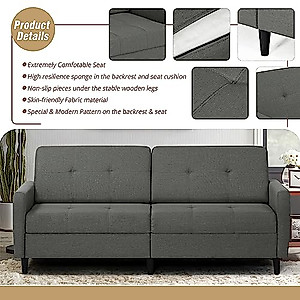 77" Modern Linen Fabric Futon Sofa Bed with Adjustable Backrest & Solid Wood Legs, Convertible Loveseat Couch Sleeper Sofabed 3 Seats Sofa for Small Space (Grey)