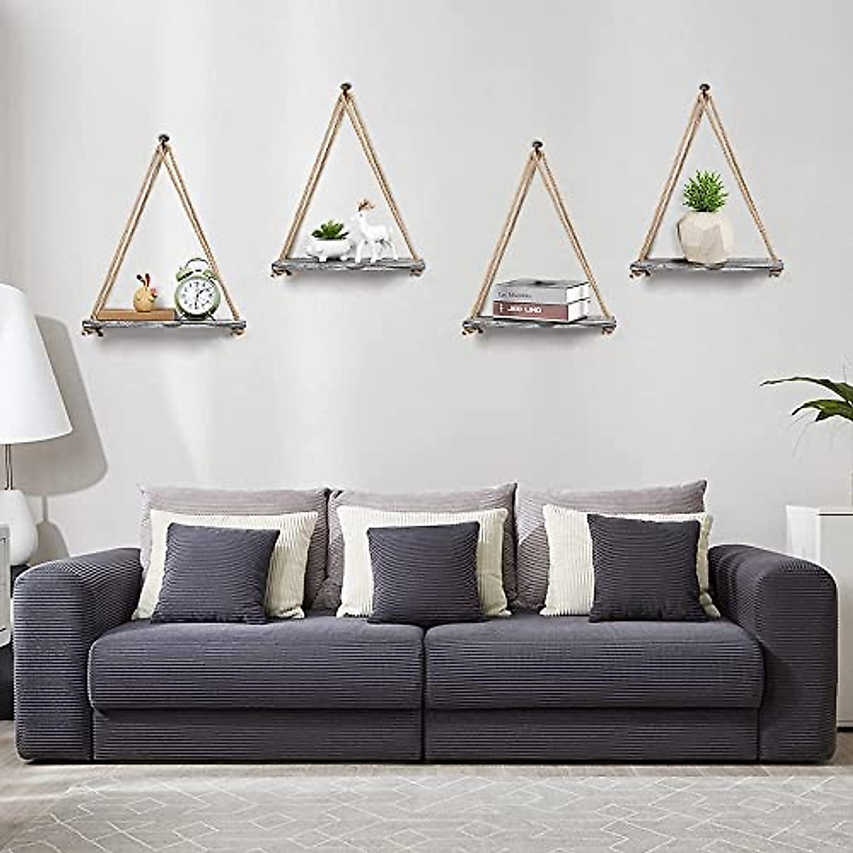 CASAVIDA Wood Floating Shelf Set of 4 Wall Hanging Shelf Decorative Plant Shelves Distressed Rope Floating Shelves Rustic Home Wall Decor for Living Room Bedroom Kitchen