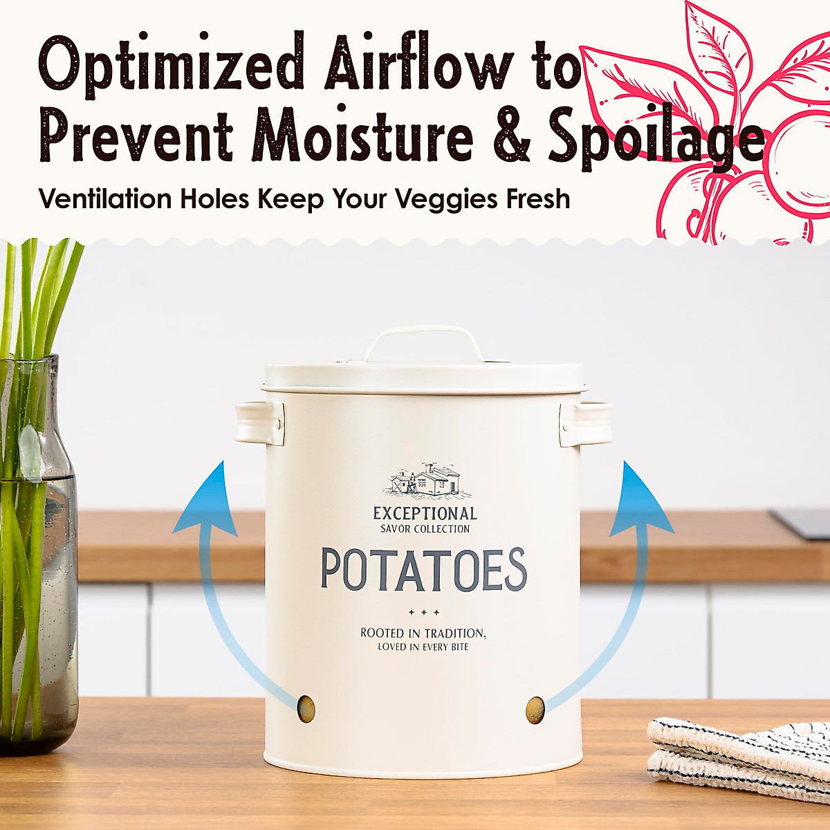 noonberry Potato, Onion & Garlic Storage Bin Set, 3 Metal Kitchen Containers with Ventilation Holes, Matte Alabaster White, Vintage Farmhouse Canisters