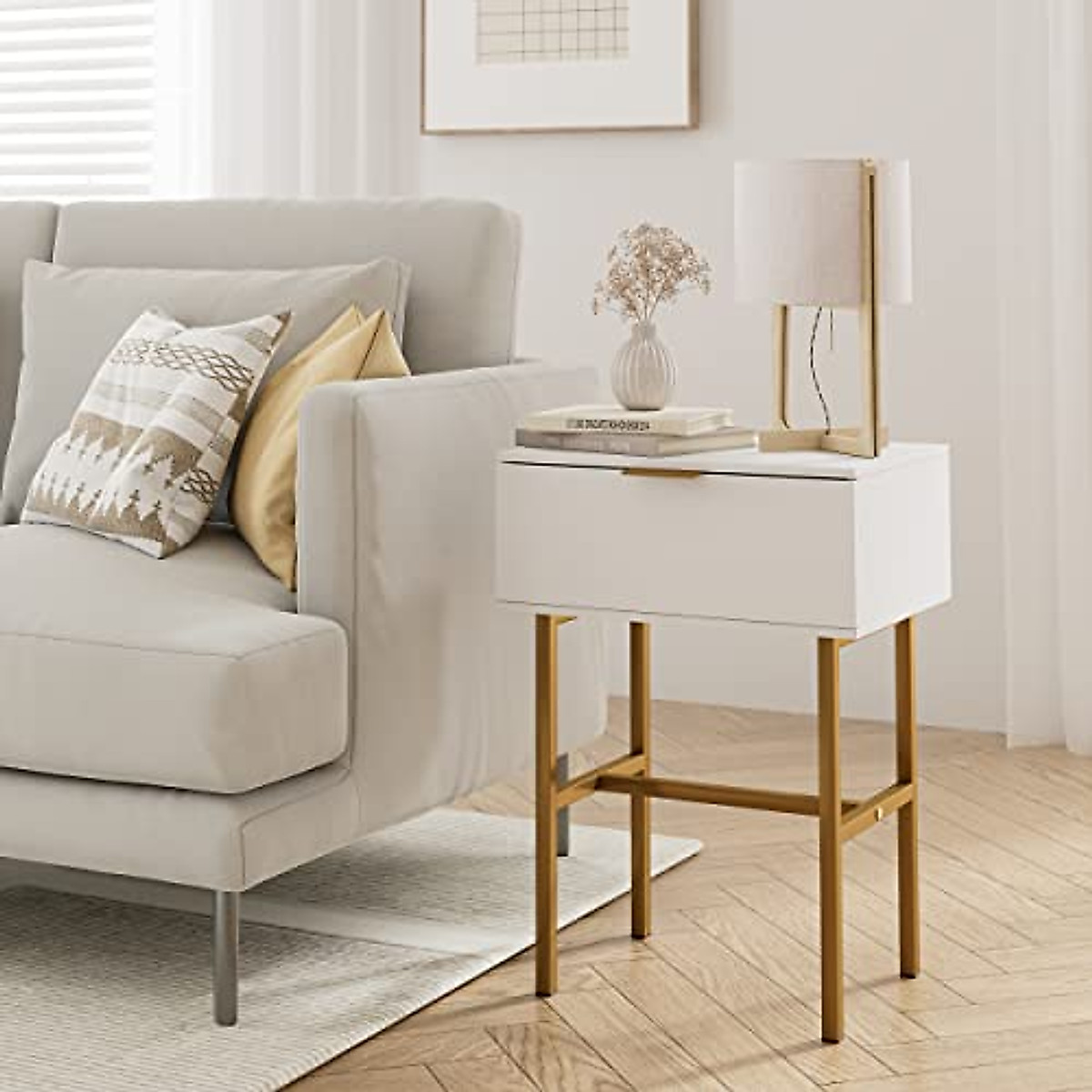 Masupu Nightstand,Mid-Century Modern Bedside Table with Drawer,Small End Table with Gold Frame for Bedroom,Living Room,Classic White