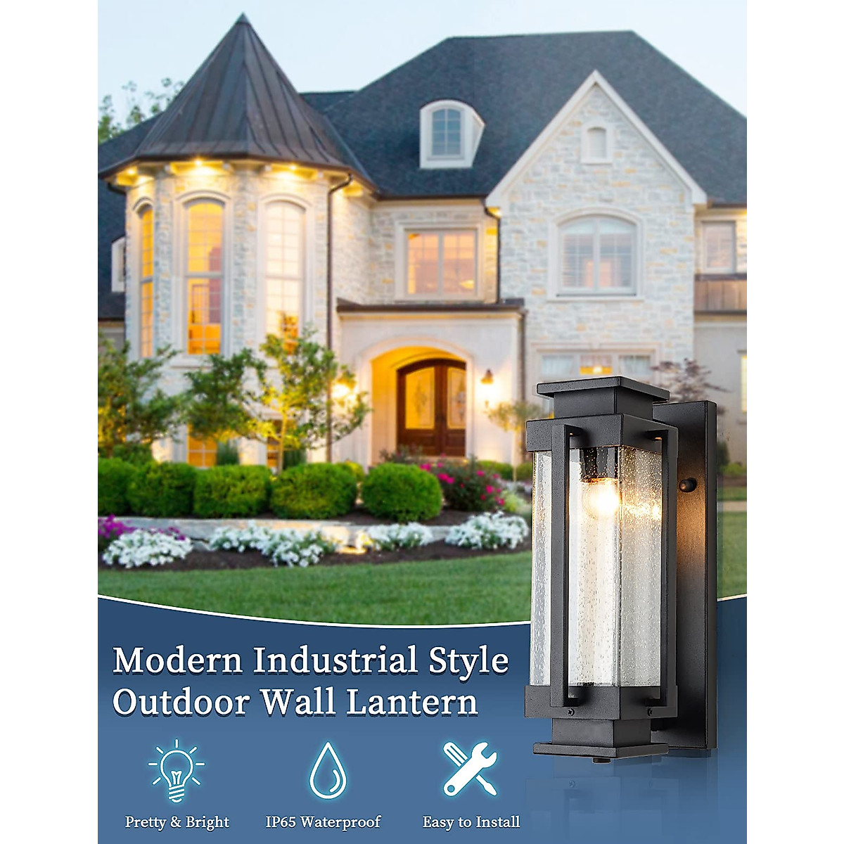 EERU Dusk to Dawn Outdoor Wall Lanterns Large Exterior Porch Lights Wall Mount IP65 Waterproof Outdoor Sconces with Seeded Glass Outside Wall Lamp for House Garage Front Porch Patio