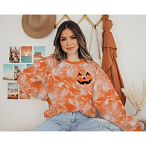 KORADIOR Halloween Sweatshirt Women Pumpkin Face Pullover Pumpkin Lantern Shirt Tee Casual Long Sleeve Top Orange