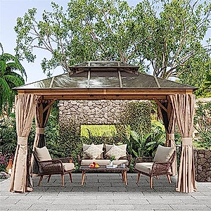 Evedy 10'x12' Hardtop Gazebo,Aluminum Gazebo Pavilion with Curtain and Net,Permanent Outdoor Gazebo with Polycarbonate Double Roof,for Garden, Patio, Lawns, Deck, Backyard-Yellow Brown