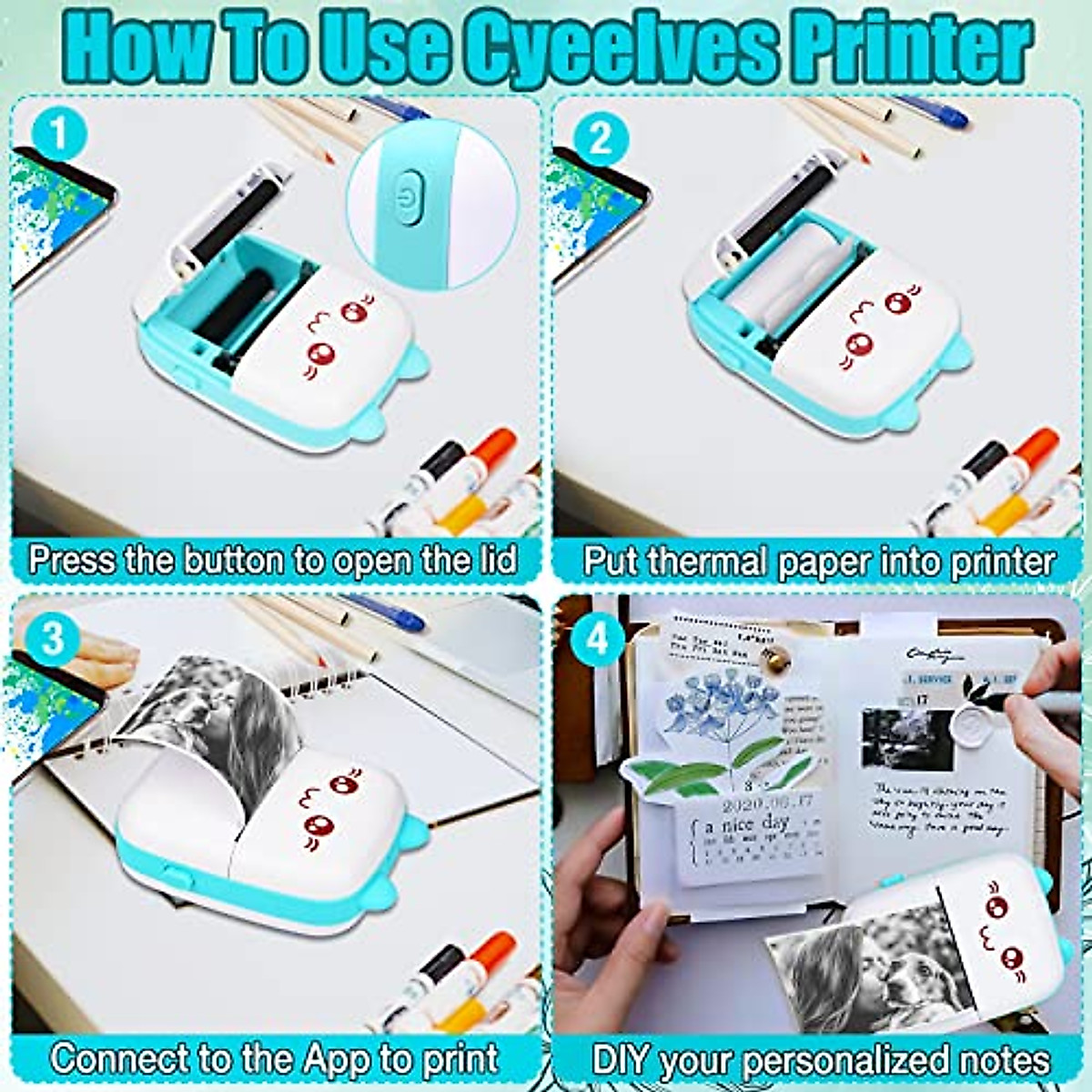 Mini Printer Portable, Pocket Thermal Printer with 6 Rolls Paper Compatible with iOS Android, Bluetooth Wireless Smart Printer for Photo Picture Office Receipt QR Code Label List Note Inkless Printing