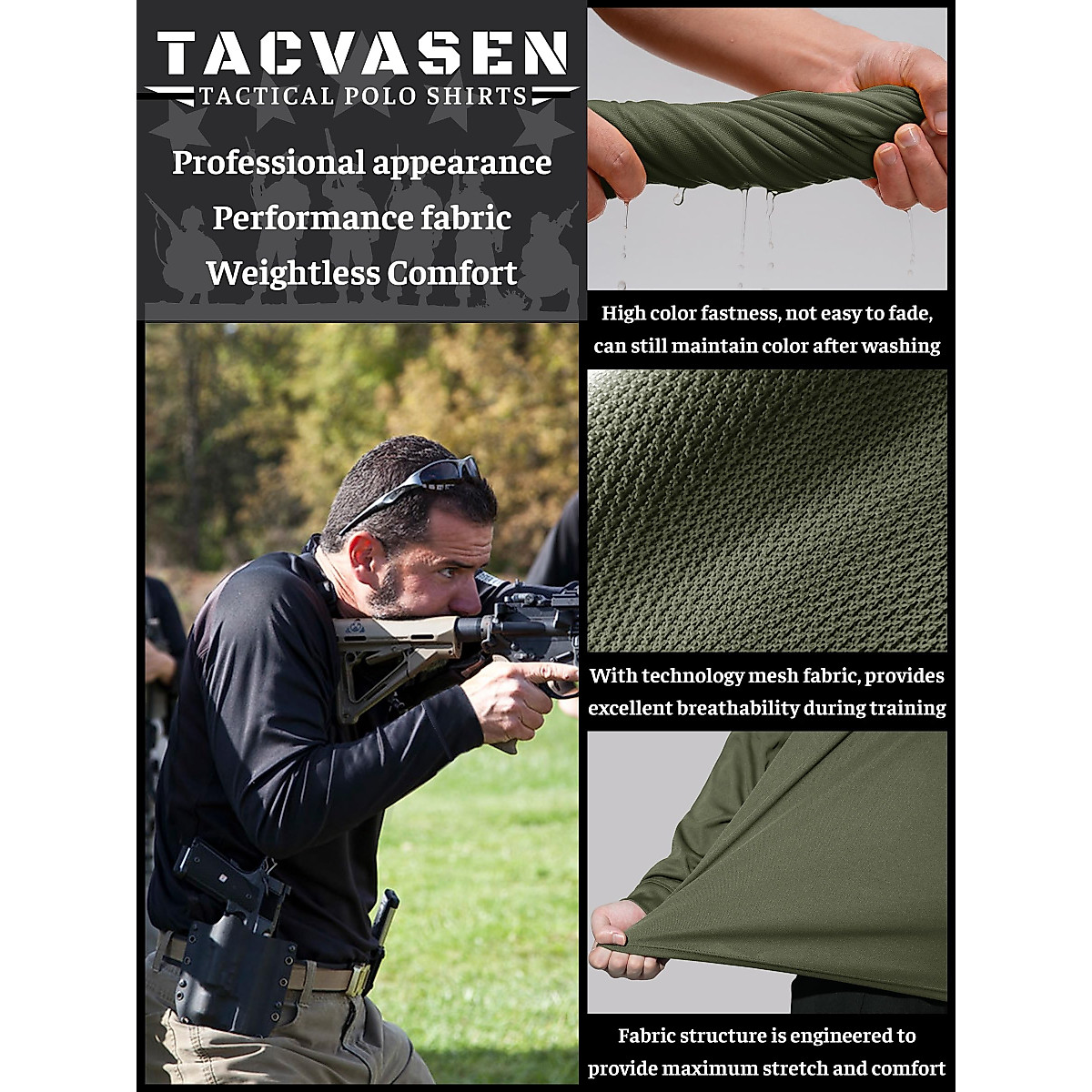 TACVASEN Long Sleeve Shirts for Men Tactical Performance Polo Shirts with Collar Quick Dry Fit Lightweight Work Shirts Workout Golf Army Green S