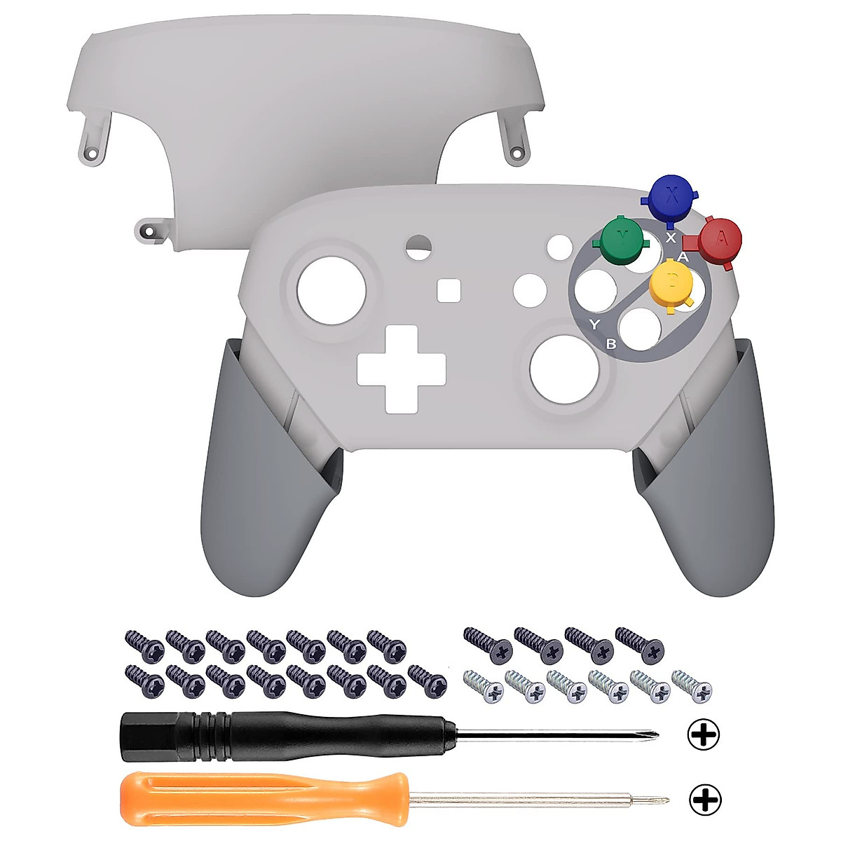 eXtremeRate SFC SNES Classic EU Style Faceplate Backplate Handles for Nintendo Switch Pro Controller, Soft Touch Replacement Grip Housing Shell Cover with Colorful ABXY Buttons for Nintendo Switch Pro