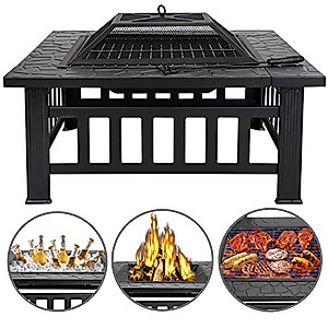 HANGKAI 32in Square Fire Pit Backyard Patio Garden Stove Wood Burning Fireplace -3 in 1 BBQ Grill, Cooler, and Fire Bowl w/Large Spark Screen, Log Poker and Cover