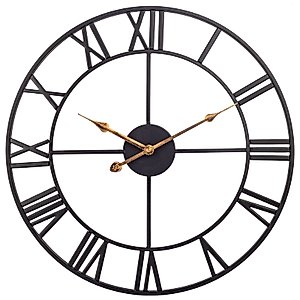 24 Inch Large Wall Clock, Silent Non Ticking Battery Operated Industrial Wall Clock with Roman Numerals, Vintage Metal Round Decorative Indoor Outdoor Clock for Living Room, Kitchen, Patio - Black