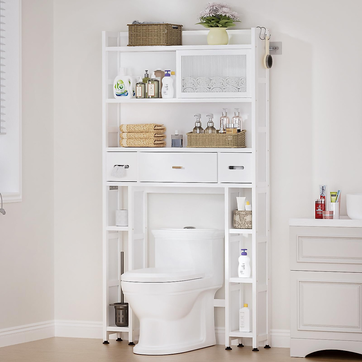 Cozivolife Over The Toilet Storage Cabinet with Acrylic Sliding Door Panel,Bamboo Organizer Shelf with 2 Toilet Paper Drawers and 1 Big Drawer,Toilet Rack for Bathroom (White)