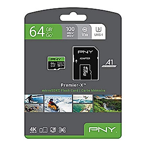 PNY 64GB Premier-X Class 10 U3 V30 microSDXC Flash Memory Card - 100MB/s, Class 10, U3, V30, A1, 4K UHD, Full HD, UHS-I, micro SD