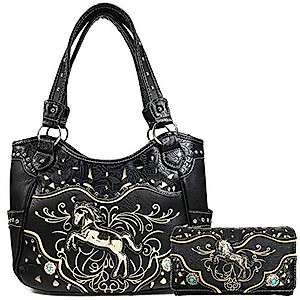 Zelris Western Rearing Horse Embroidered PU Leather Concealed Carry Women Tote Purse with Matching Wallet Set (Black)