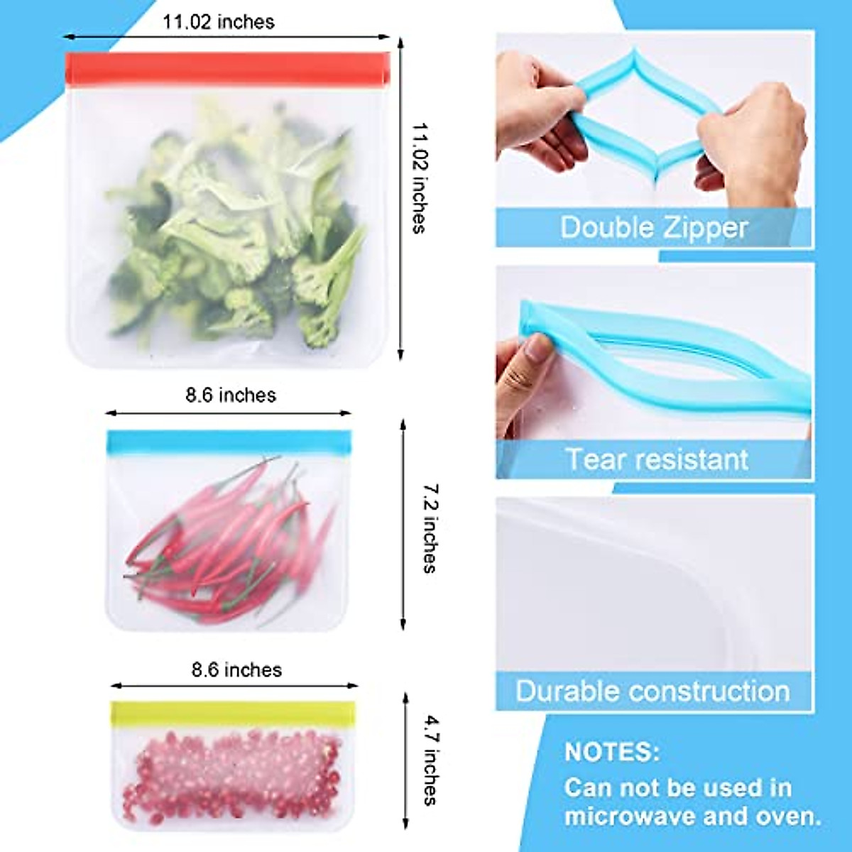 Reusable Food Storage Bags- 10 Pack Leakproof Reusable Freezer Bags (3 Reusable Gallon Bags +4 Reusable Sandwich Bags + 3 Reusable Snack Bags)，Silicone Food Bags for Meat Fruits and Vegetables.