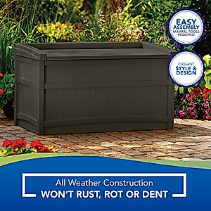 Suncast 50-Gallon Medium Deck Box - Lightweight Resin Indoor/Outdoor Storage Container and Seat for Patio Cushions and Gardening Tools - Store Items on Patio, Garage, Yard - Java