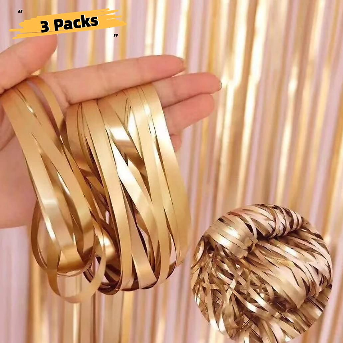 3 Packs Foil Curtain Backdrops Photo Booth Photography Curtains Door Fringe Curtains Backdrops for Birthday Wedding Christmas Disco Parties Decoration (Gold)