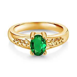 Gem Stone King 0.60 Ct Oval Green Simulated Emerald 18K Yellow Gold Plated Silver Baroque Style Ring (Size 7)