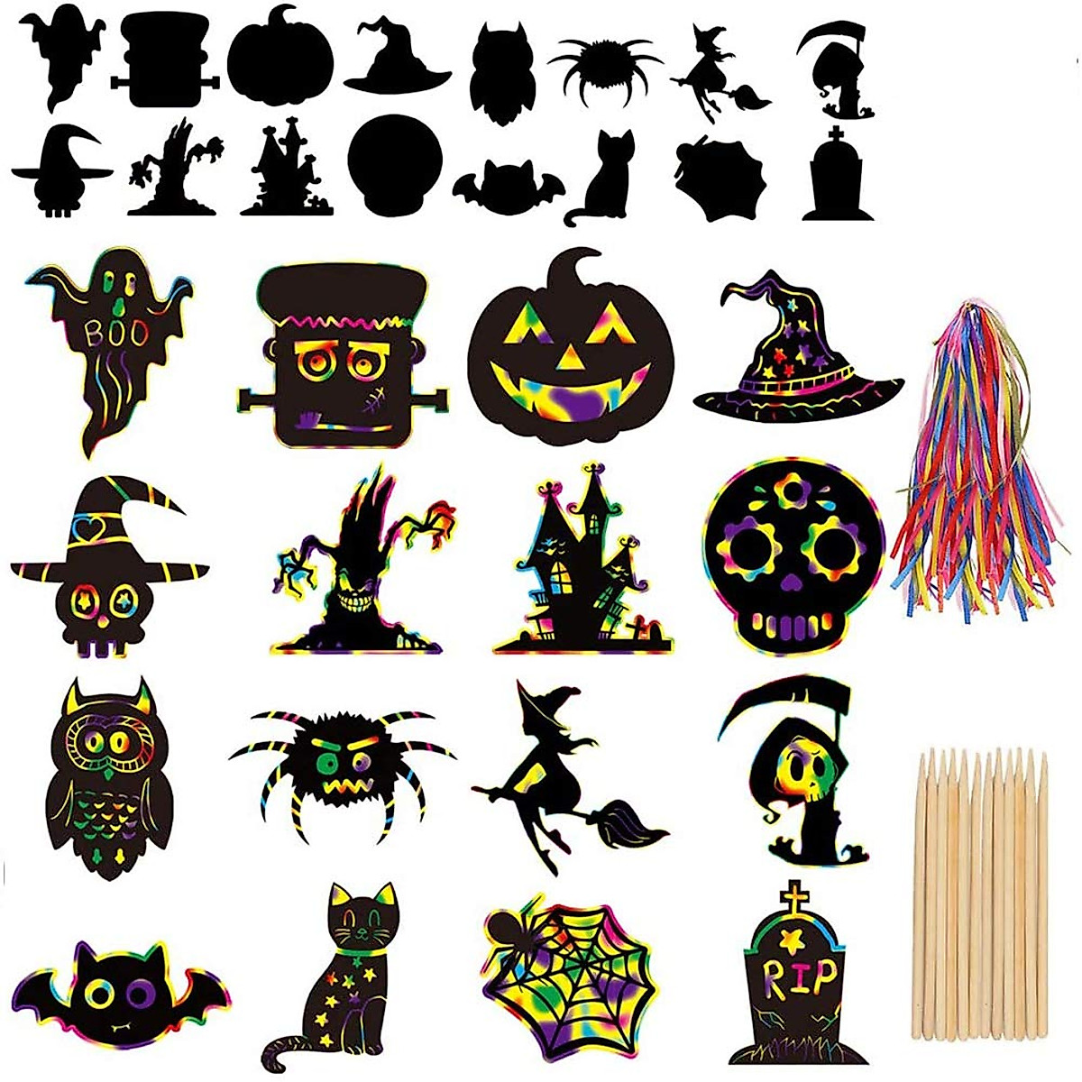 CCINEE 80pcs Halloween Theme Scratch Paper Rainbow Scratch Art Paper Craft Kit with 12pcs Wooden Styluses and 80pcs Ribbons for Halloween Party Supplies