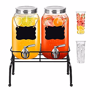 Drink Dispenser with Stand- Set of 2, 1 Gallon Glass Beverage Dispenser with Stainless Steel Spigot & Lid plus Ice Cylinder and Fruit Infuser, Drink Dispensers for Parties, Laundry Detergent Dispenser
