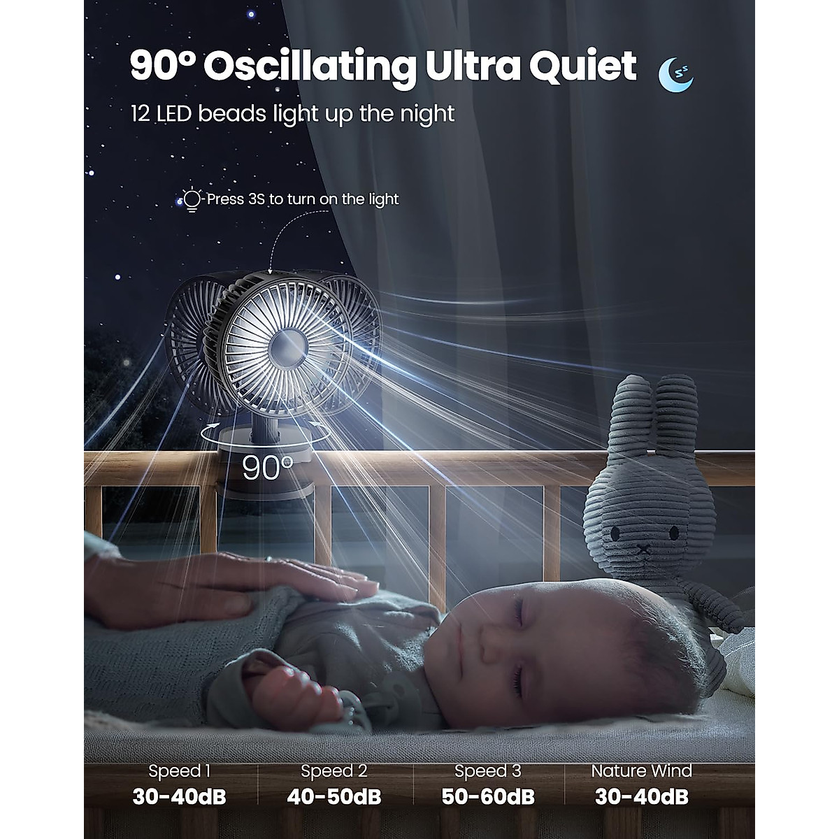 Gaiatop Clip on Fan Battery Operated, 4000mAh Auto Oscillating Portable USB Fan with Light & Hook, 4 Speed Personal Mini Desk Fan Rechargeable Table Fan for Home Office Stroller Black