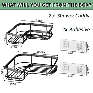 KiKiRico Corner Shower Caddy, 2 Pack Adhesive Shower Organizer with 8 Hooks, No Drilling Rustproof Stainless Shower Shelves for Bathroom, Organizers and Storage Racks, Black